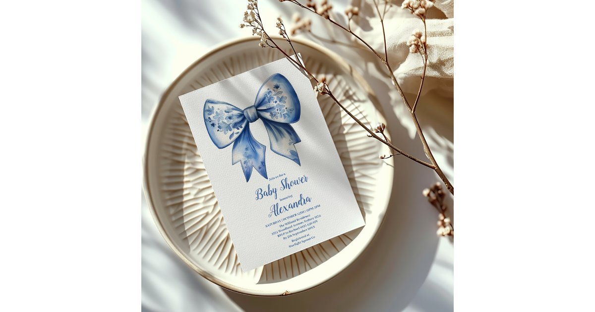 Watercolor Boy Ribbon Dusty Blue Bow Invitation | Zazzle