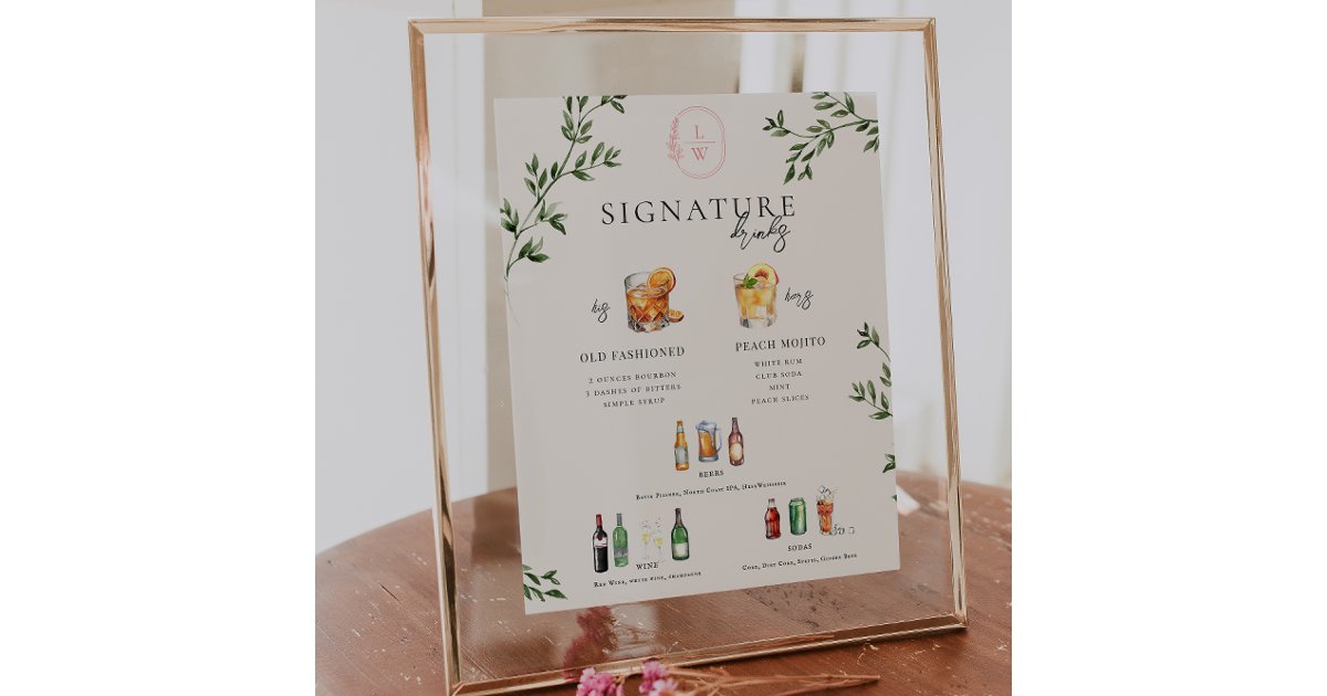 Watercolor | Bride & Groom Signature Drink Bar Poster | Zazzle