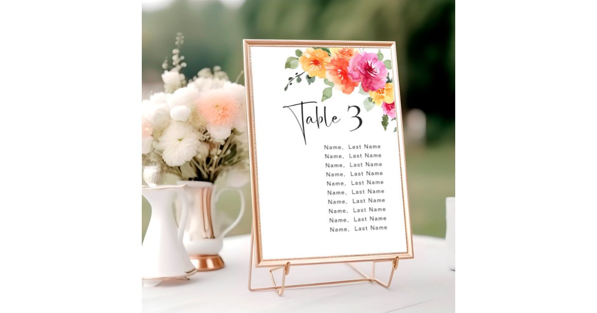 Watercolor Bright Pink Flowers Table Number Cards | Zazzle