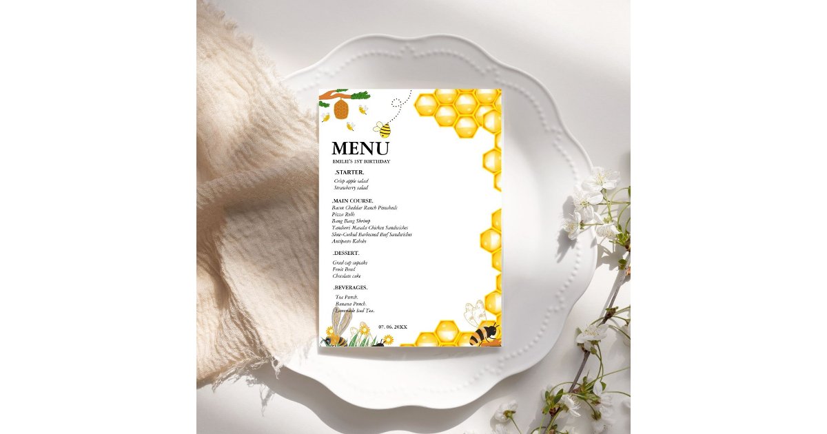 Watercolor bumble bee floral Birthday Party Menu | Zazzle