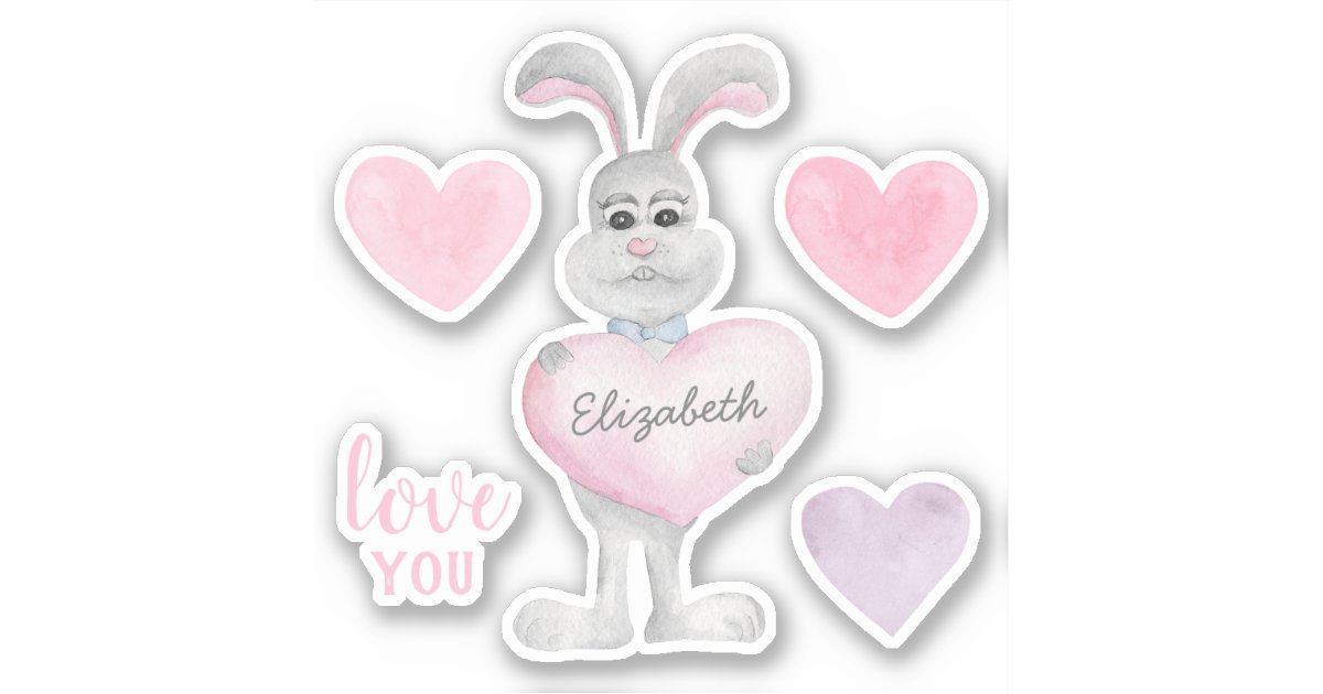 Watercolor bunny and hearts. Valentines day Love Sticker | Zazzle
