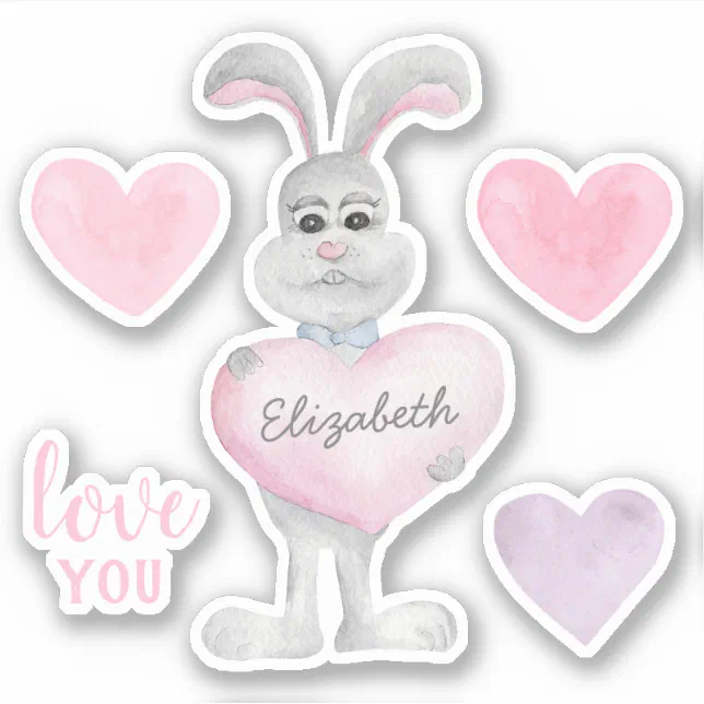 Watercolor bunny and hearts. Valentines day Love Sticker | Zazzle