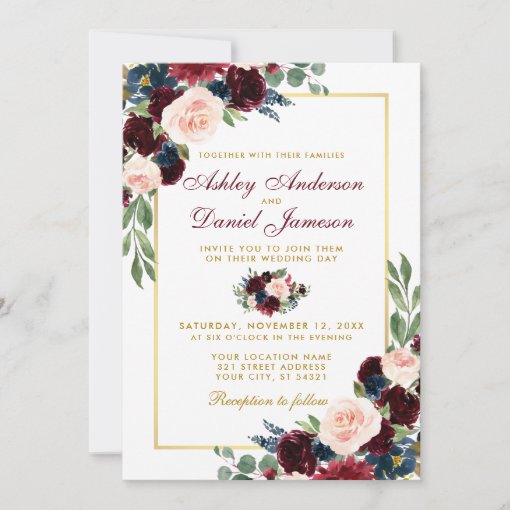 Watercolor Burgundy Blue Floral Gold Wedding BG Invitation | Zazzle