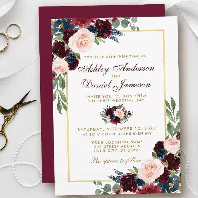 Watercolor Burgundy Blue Floral Gold Wedding BG Invitation | Zazzle