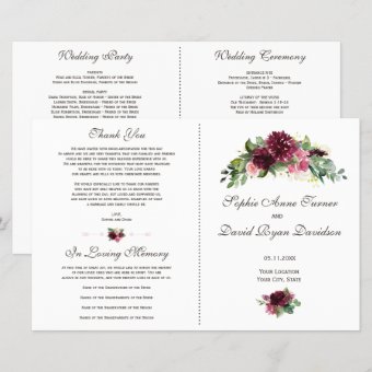 Watercolor Burgundy Floral Bouquet Wedding Program | Zazzle