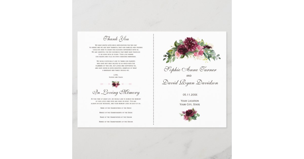 Watercolor Burgundy Floral Bouquet Wedding Program | Zazzle
