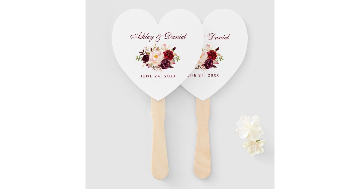 Watercolor Burgundy Floral Wedding BH Hand Fan | Zazzle