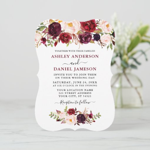 Watercolor Burgundy Floral Wedding Bracket Invitation | Zazzle