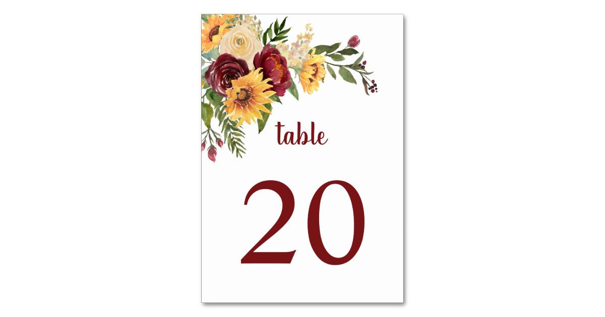Watercolor Burgundy Flowers and Sunflowers Table Number | Zazzle