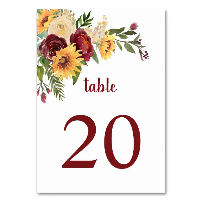 Watercolor Burgundy Flowers and Sunflowers Table Number | Zazzle