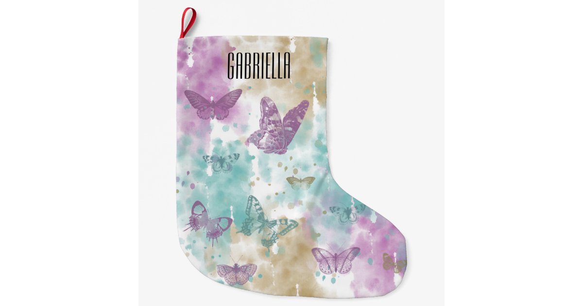 Watercolor Butterflies Abstract Personalized Large Christmas Stocking ...