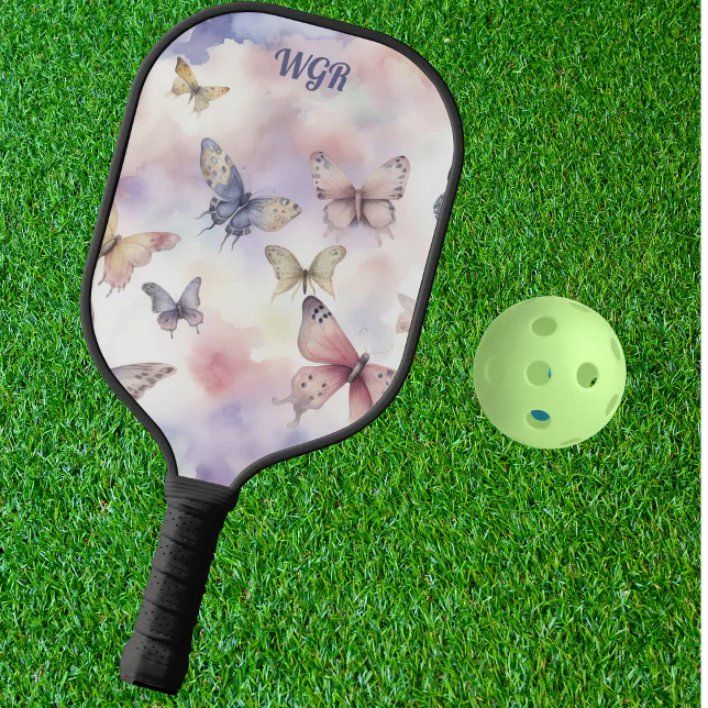 Watercolor Butterflies with Monogram Pickleball Paddle | Zazzle