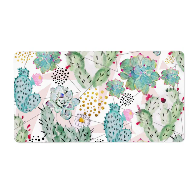 watercolor cactus and triangles pattern label | Zazzle