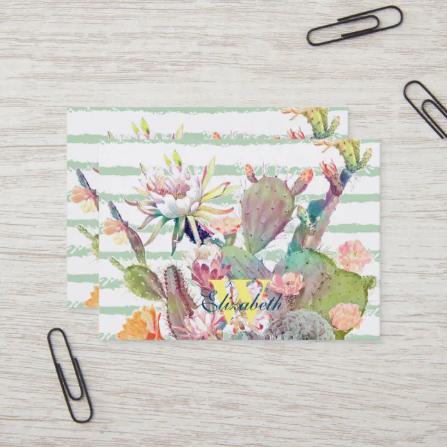 Watercolor Cactus Floral Stripes Design Business Card | Zazzle