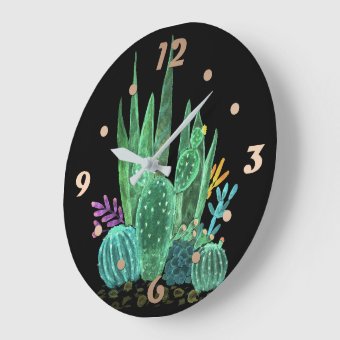 Watercolor, cactus, flowers large clock | Zazzle