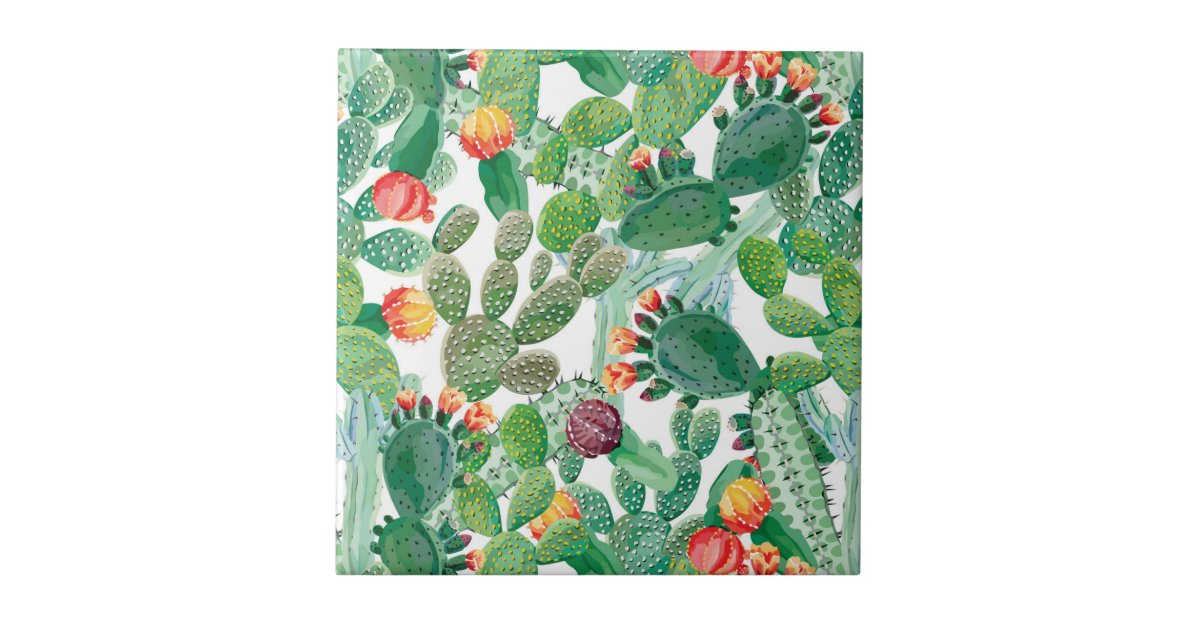 Watercolor Cactus Pattern Ceramic Tile | Zazzle