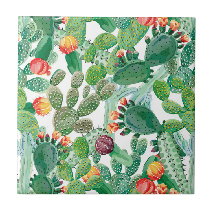 Watercolor Cactus Pattern Ceramic Tile | Zazzle