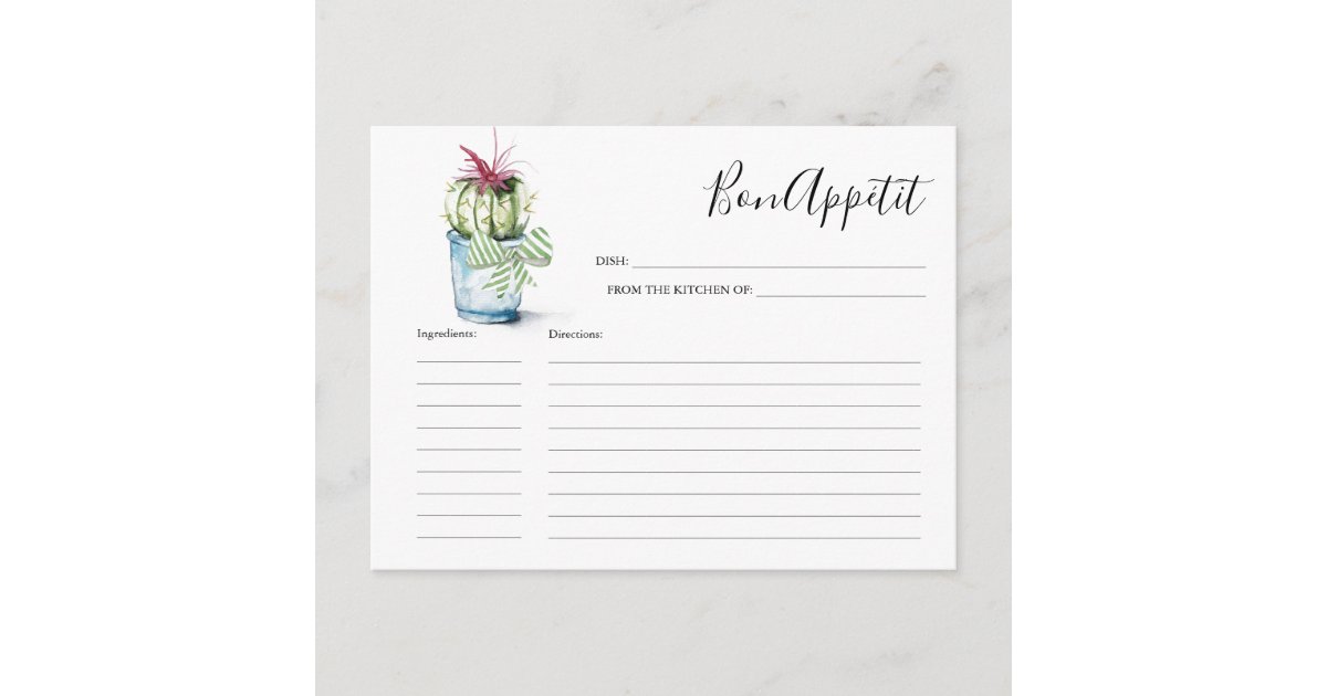 Watercolor Cactus Recipe Card | Zazzle