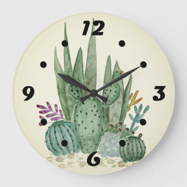 Watercolor , cactus , succulents large clock | Zazzle