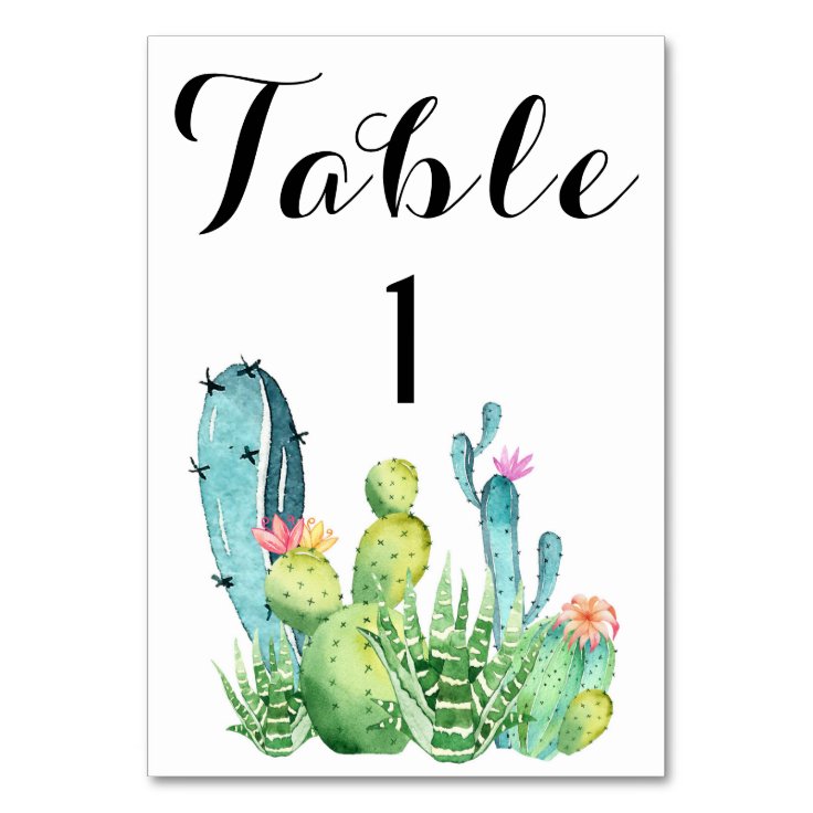 Watercolor Cactus Wedding Table Number Card | Zazzle