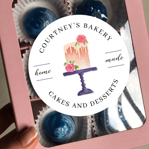 Watercolor Cake Boutique Home Bakery Catering Classic Round Sticker ...