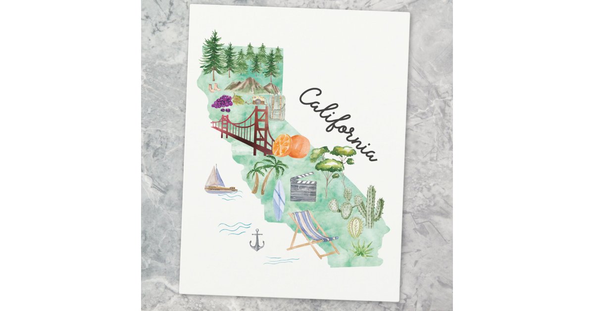 Watercolor California State Art Map Postcard | Zazzle