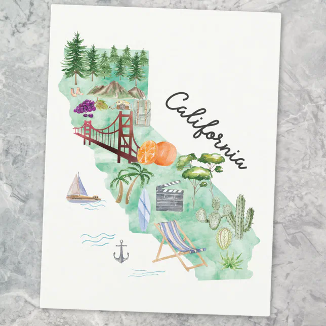 Watercolor California State Art Map Postcard | Zazzle