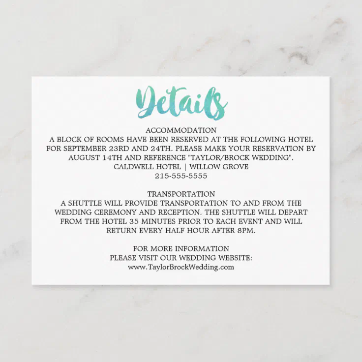 Watercolor Calligraphy Destination Details Card | Zazzle