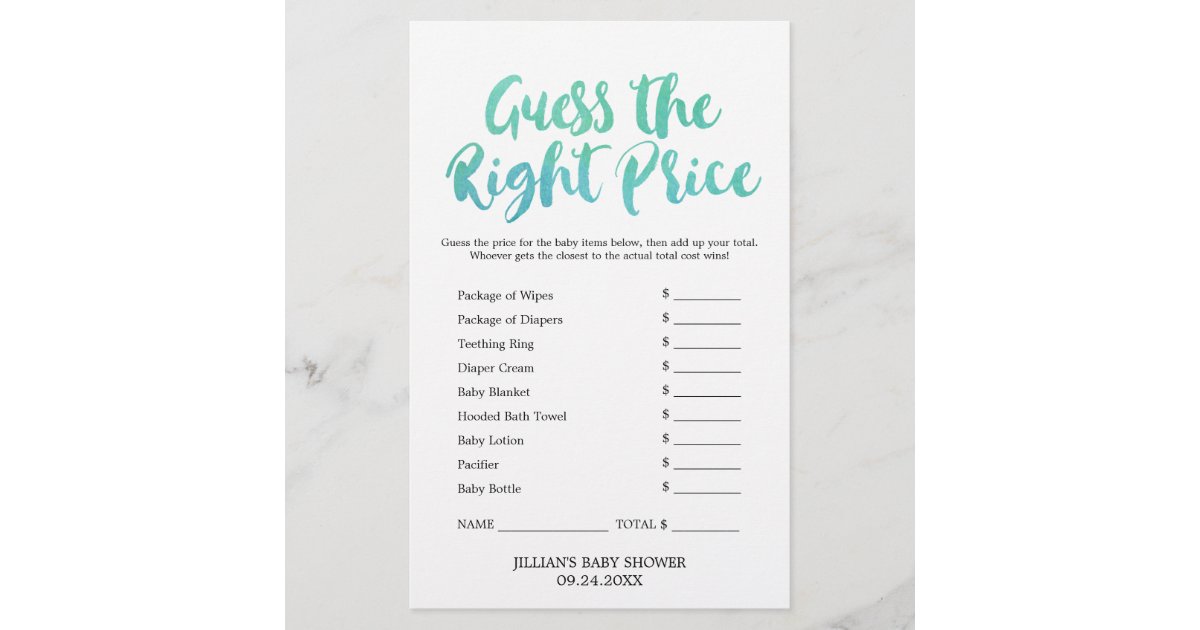 Watercolor Calligraphy Guess the Right Price Game | Zazzle