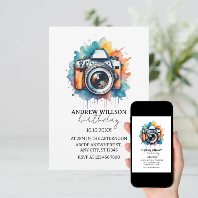 watercolor camera photographer BIRTHDAY Invitation | Zazzle
