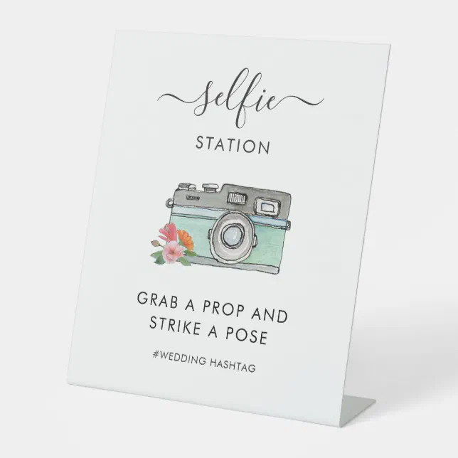 Watercolor Camera Selfie Station Wedding Hashtag Pedestal Sign | Zazzle