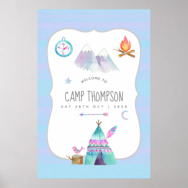 Watercolor Camping Birthday Party Welcome Poster | Zazzle