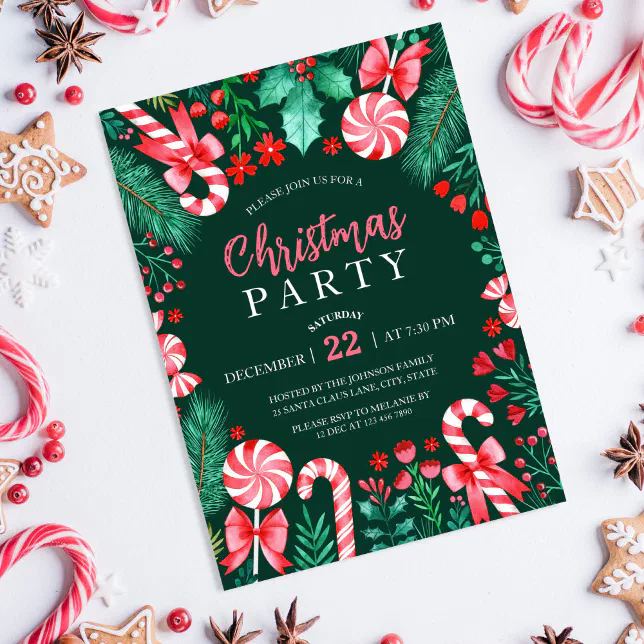 Watercolor Candy Canes Peppermint Christmas Party Invitation | Zazzle