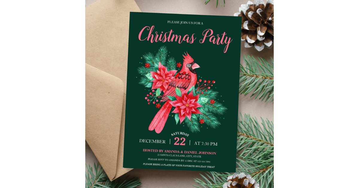 Watercolor Cardinal Bird Floral Christmas Party Invitation | Zazzle