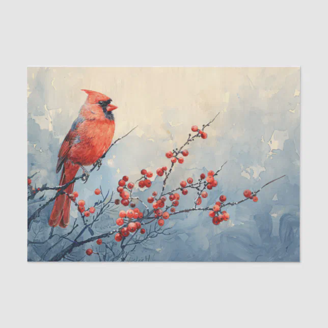 Watercolor Cardinal Bird Red Berries Decoupage Tissue Paper | Zazzle