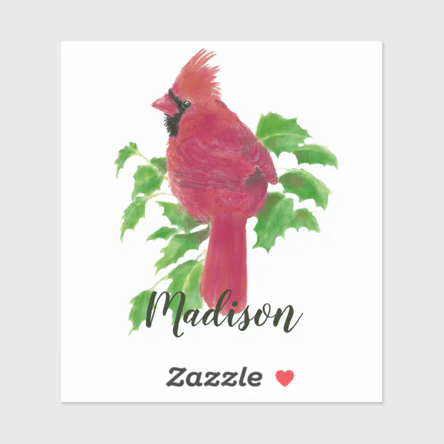 Watercolor Cardinal Red Bird Nature Custom Name Sticker | Zazzle
