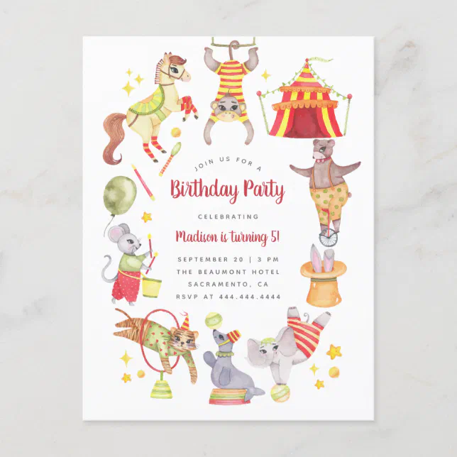 Watercolor Carnival Circus Animal Kids Birthday Invitation Postcard ...