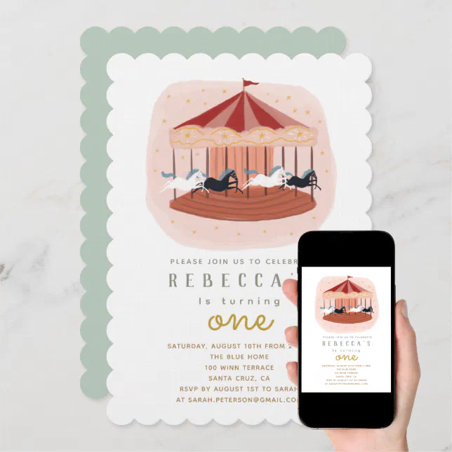 Watercolor Carousel First Birthday Invitation | Zazzle