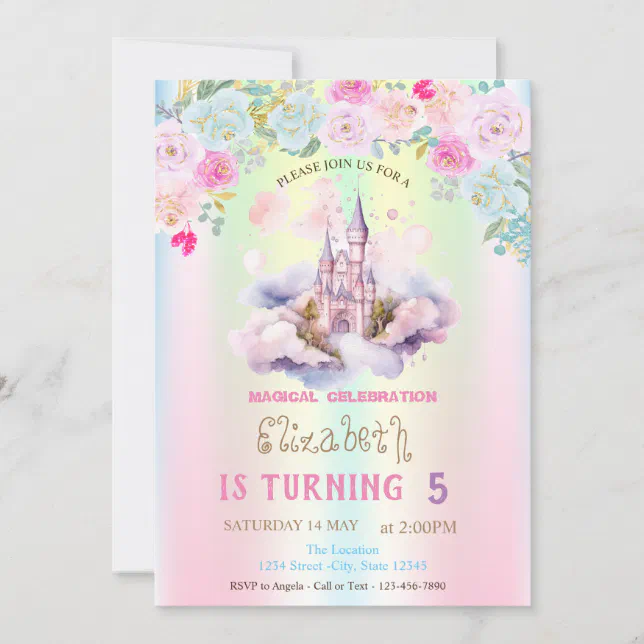 Watercolor Castle FIowers Iridescent Birthday Invitation | Zazzle