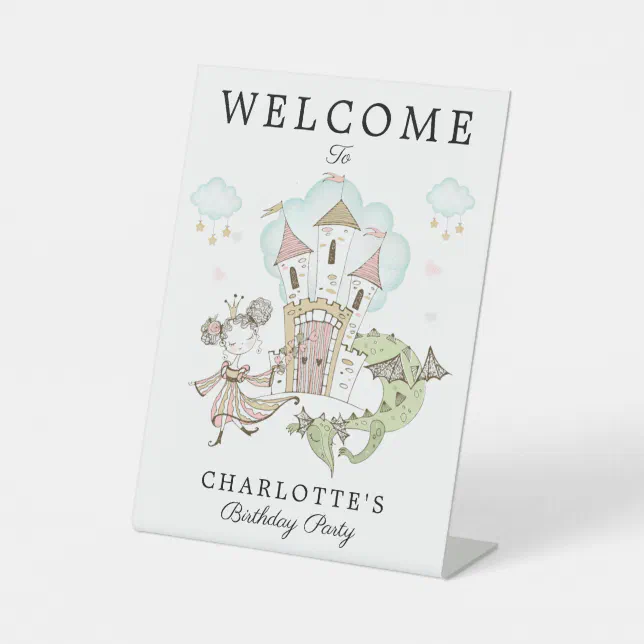 Watercolor Castle Princess Dragon Girl's Birthday Pedestal Sign | Zazzle
