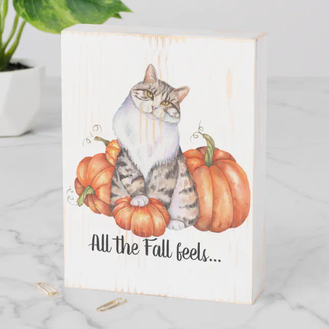 Watercolor Cat and Pumpkins Fall Feels Wooden Box Sign | Zazzle