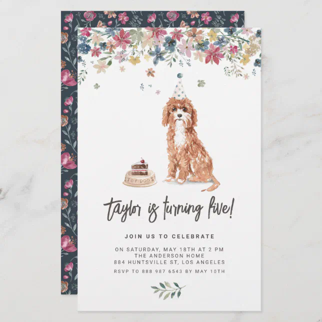 Watercolor Cavapoo Dog Birthday Party Invitation | Zazzle