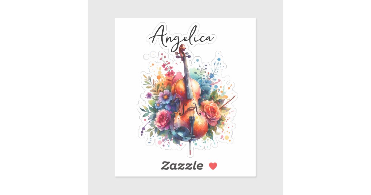 Watercolor Cello and Flowers Personalized Sticker | Zazzle