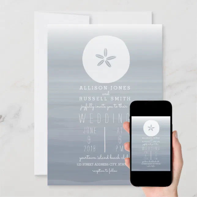 Watercolor Chambray + Sand Dollar Wedding Invitation | Zazzle
