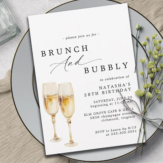 Watercolor Champagne | Brunch & Bubbly Birthday Invitation | Zazzle