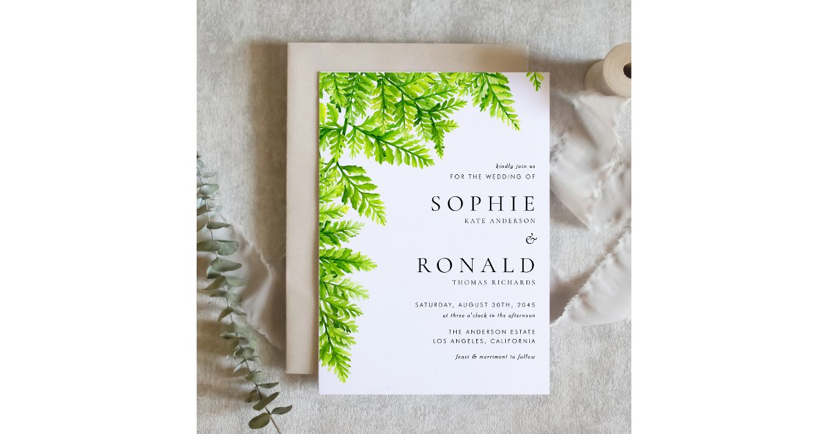 Watercolor Chartreuse Green Fern Leaves Wedding Invitation | Zazzle