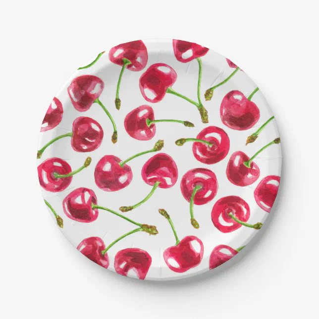 Watercolor cherries pattern paper plates | Zazzle