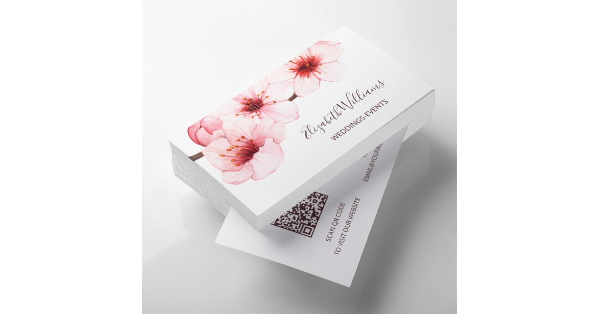 Watercolor Cherry Blossom White | Qr Code Business Card | Zazzle