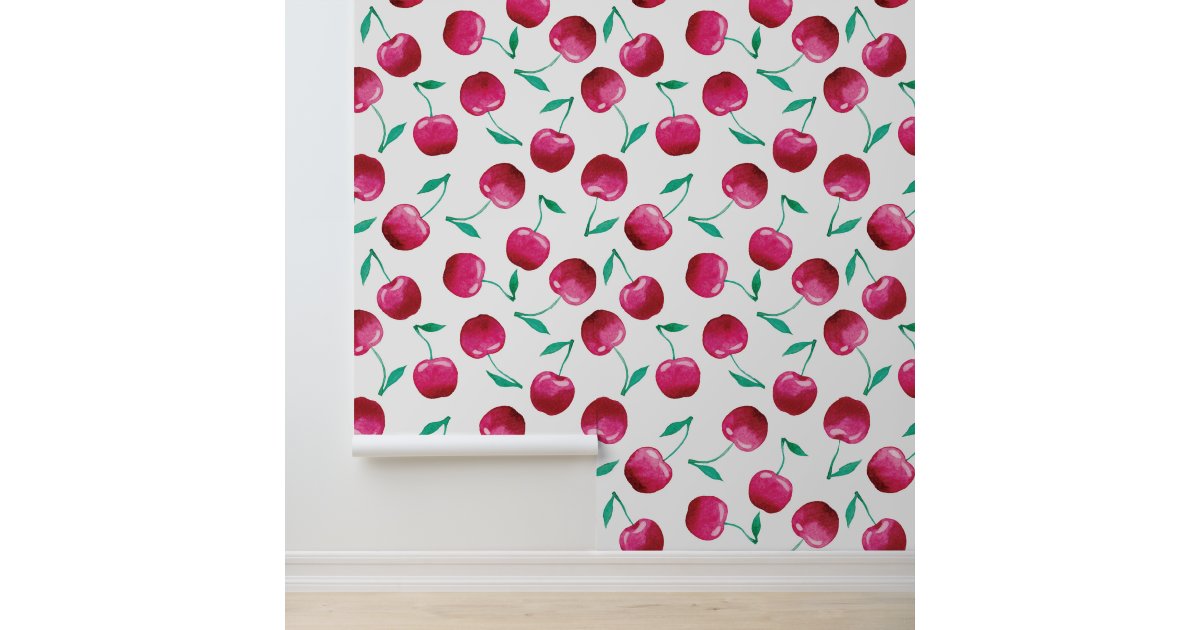 Watercolor Cherry Pattern Wallpaper | Zazzle