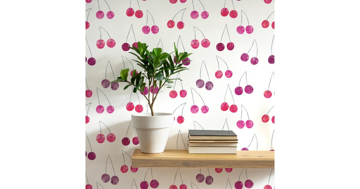 Watercolor Cherry Pattern Wallpaper | Zazzle